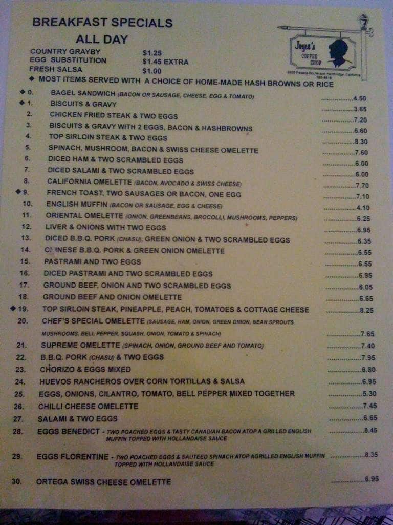 Menu at Joyce's Coffee Shop & Restaurant, Los Angeles