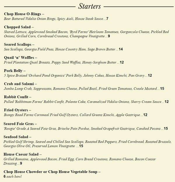 Menu at Chophouse on the Bricks pub & bar, Thomasville