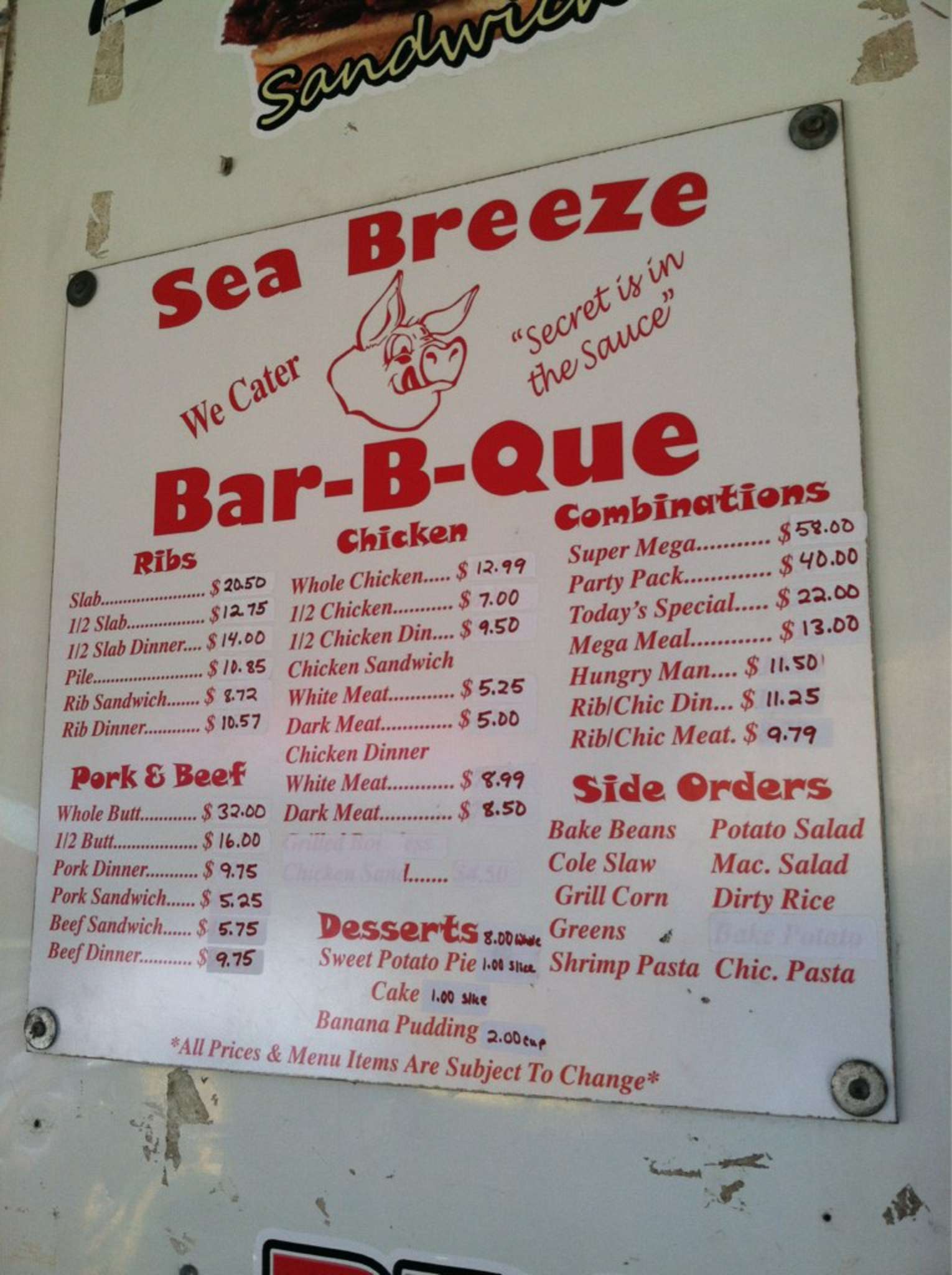 Menu at Sea Breeze restaurant, Panama City