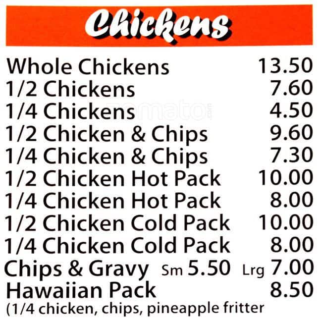 Menu at The Chook Shed restaurant, Christie Downs