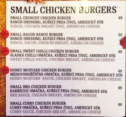 Menu at New York Burger fast food, Karlovy Vary