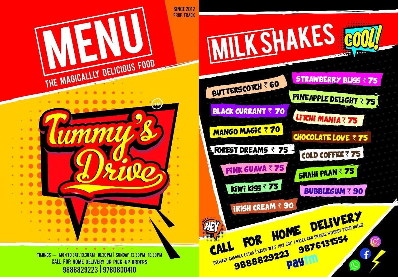 Menu of Tummy's Drive, Model Town, Jalandhar