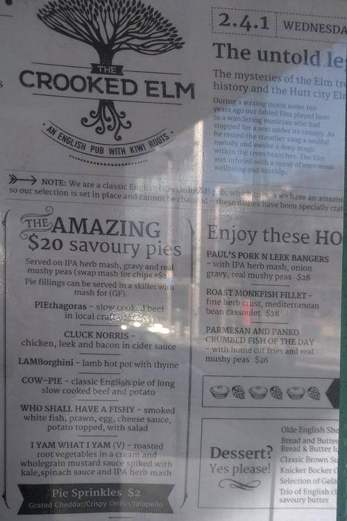 Menu at Crooked Elm pub & bar, Lower Hutt