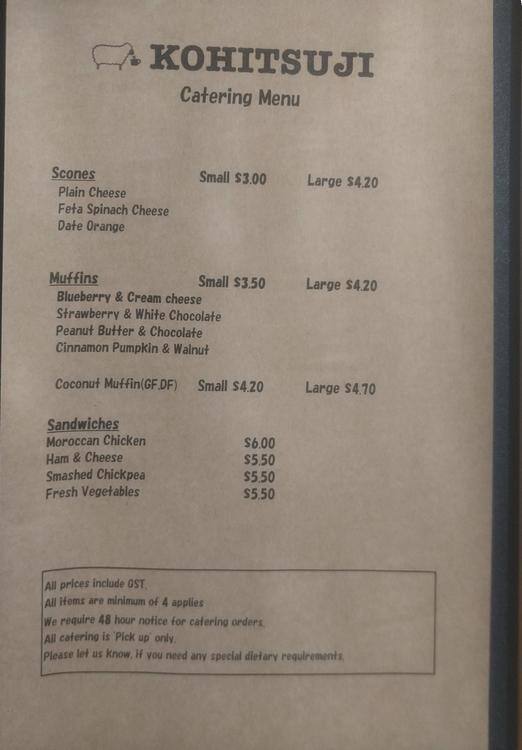 Menu at Kohitsuji cafe, Lower Hutt