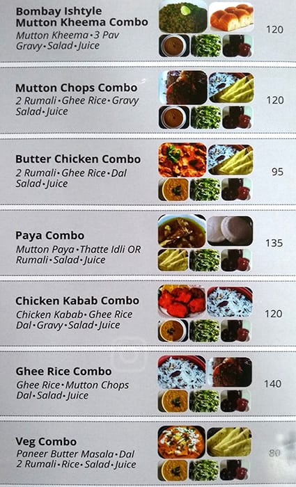 Menu at Bangalore food station, Bengaluru