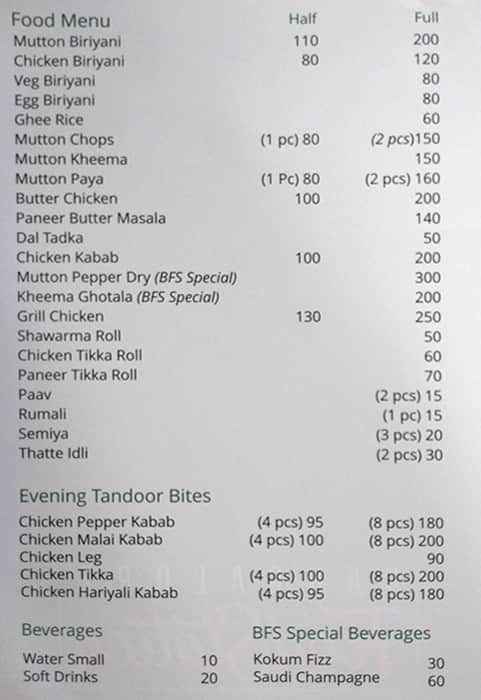 Menu at Bangalore food station, Bengaluru