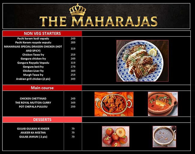Menu at The maharajas, Hyderabad