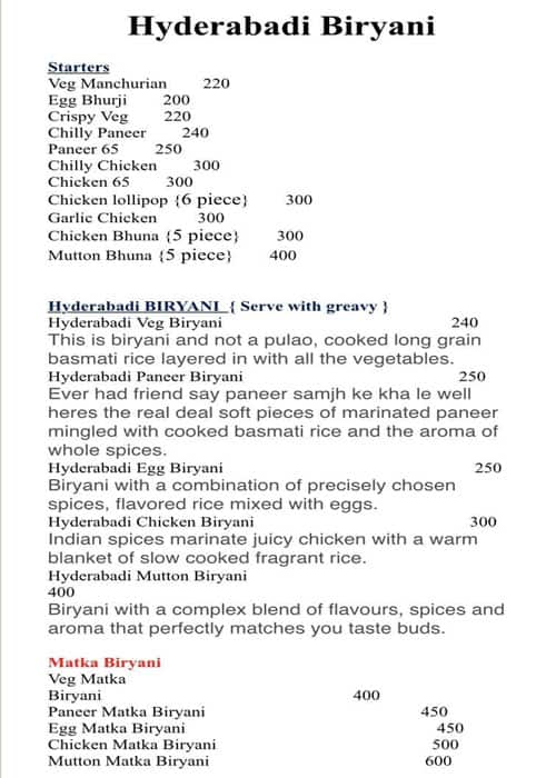 Menu of Hyderabadi Biryani, Dharampeth, Nagpur