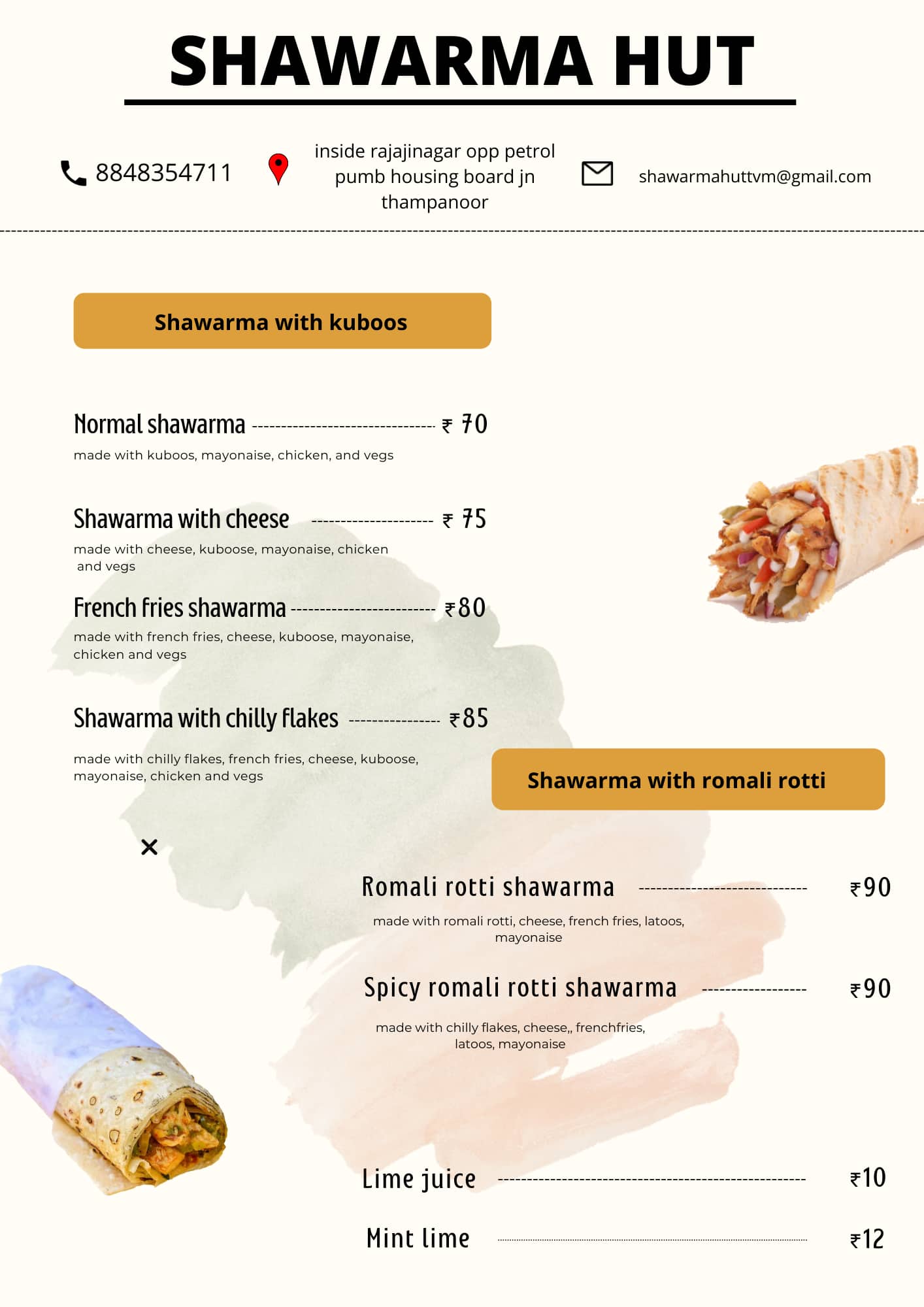 Menu of Shawarma Hut, Thycaud, Trivandrum