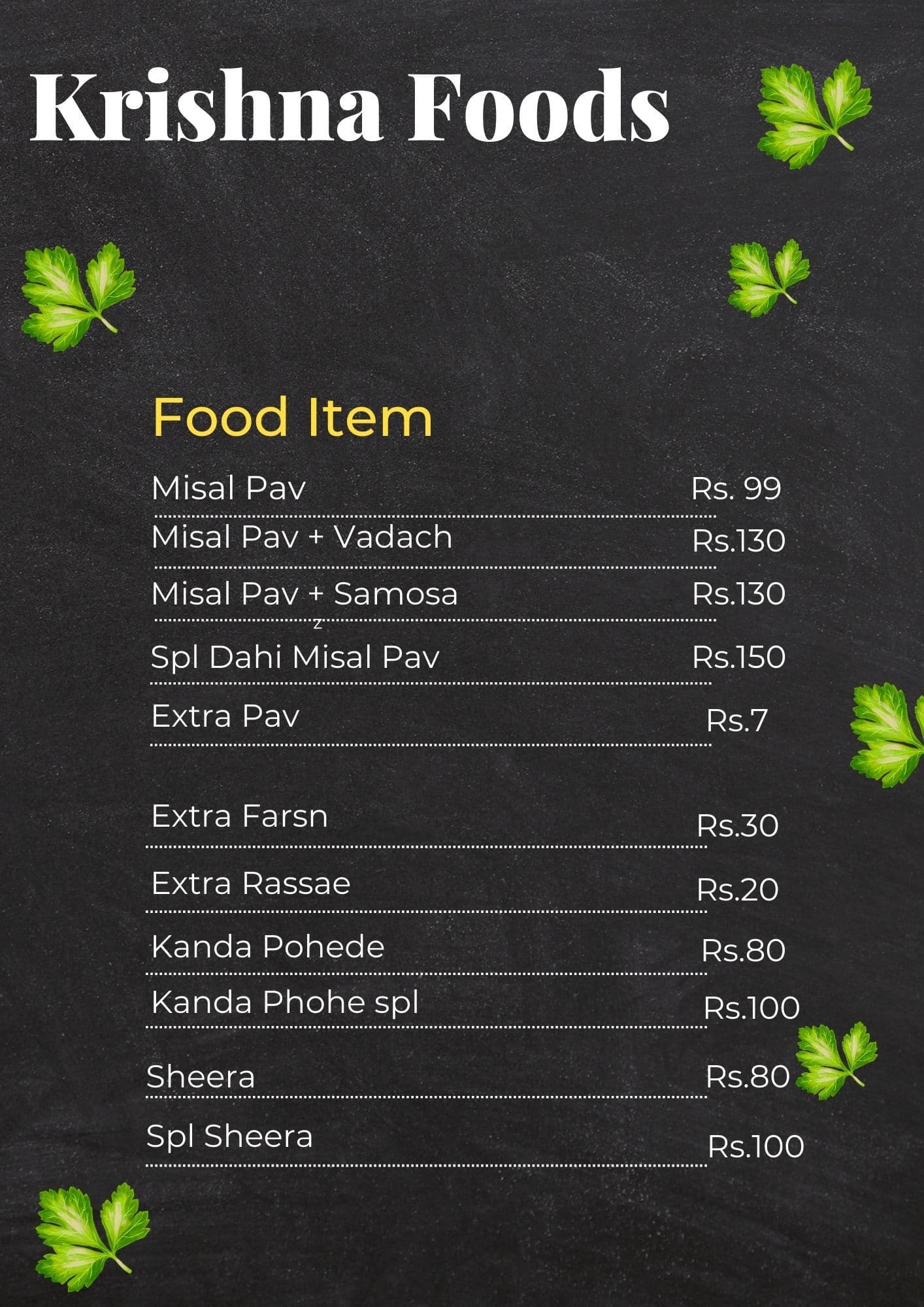 Menu of Krishna Misal & Snacks, Marol, Mumbai