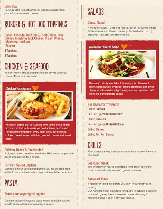 Menu at Walkabout pub & bar, London, Temple Pl