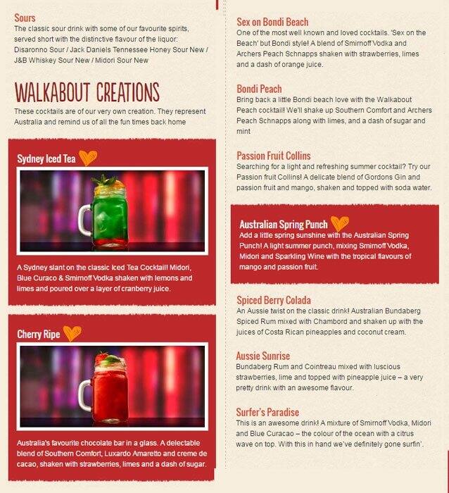 Menu at Walkabout pub & bar, London, Temple Pl