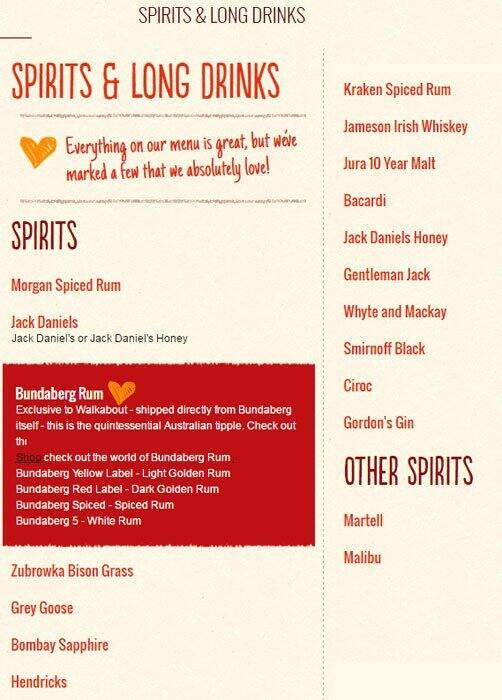 Menu at Walkabout pub & bar, London, Temple Pl