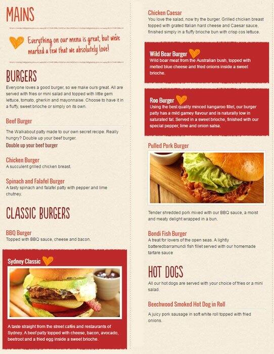 Menu at Walkabout pub & bar, London, Temple Pl