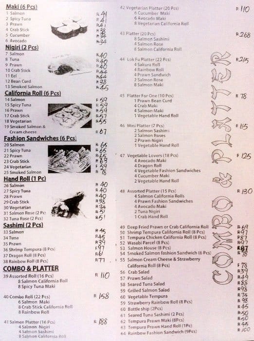 Menu at Lok Fu Northriding restaurant, Johannesburg