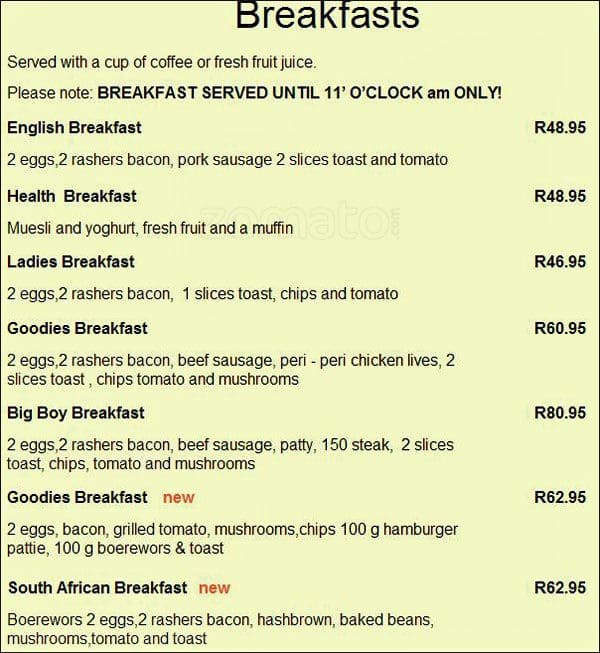 Menu at The Goodies Restaurant, Kempton Park