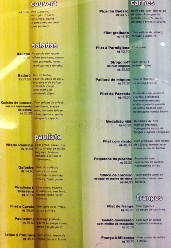 Menu at Badaró restaurant, São Paulo, Morumbi Shopping - Piso Lazer ...
