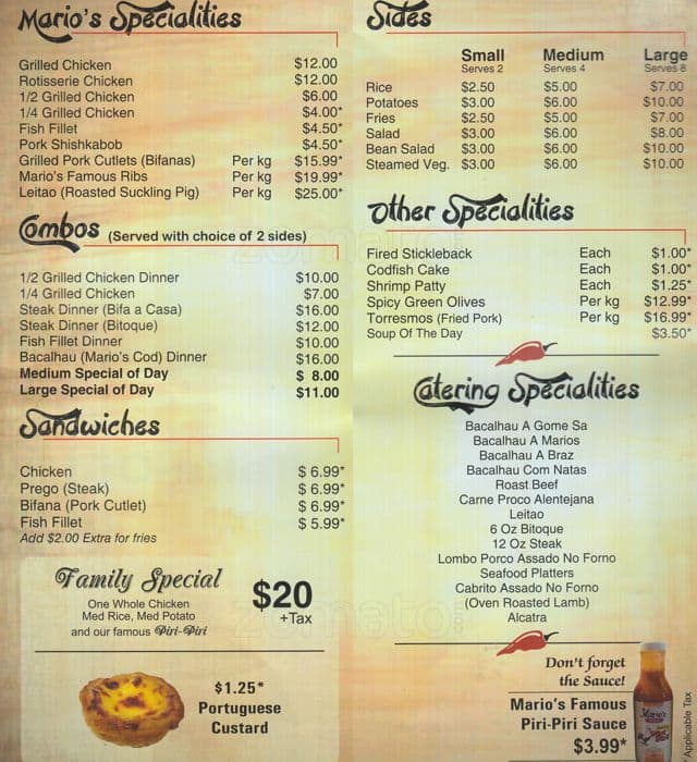 Menu at Mario's Bbq, Mississauga, Hurontario St