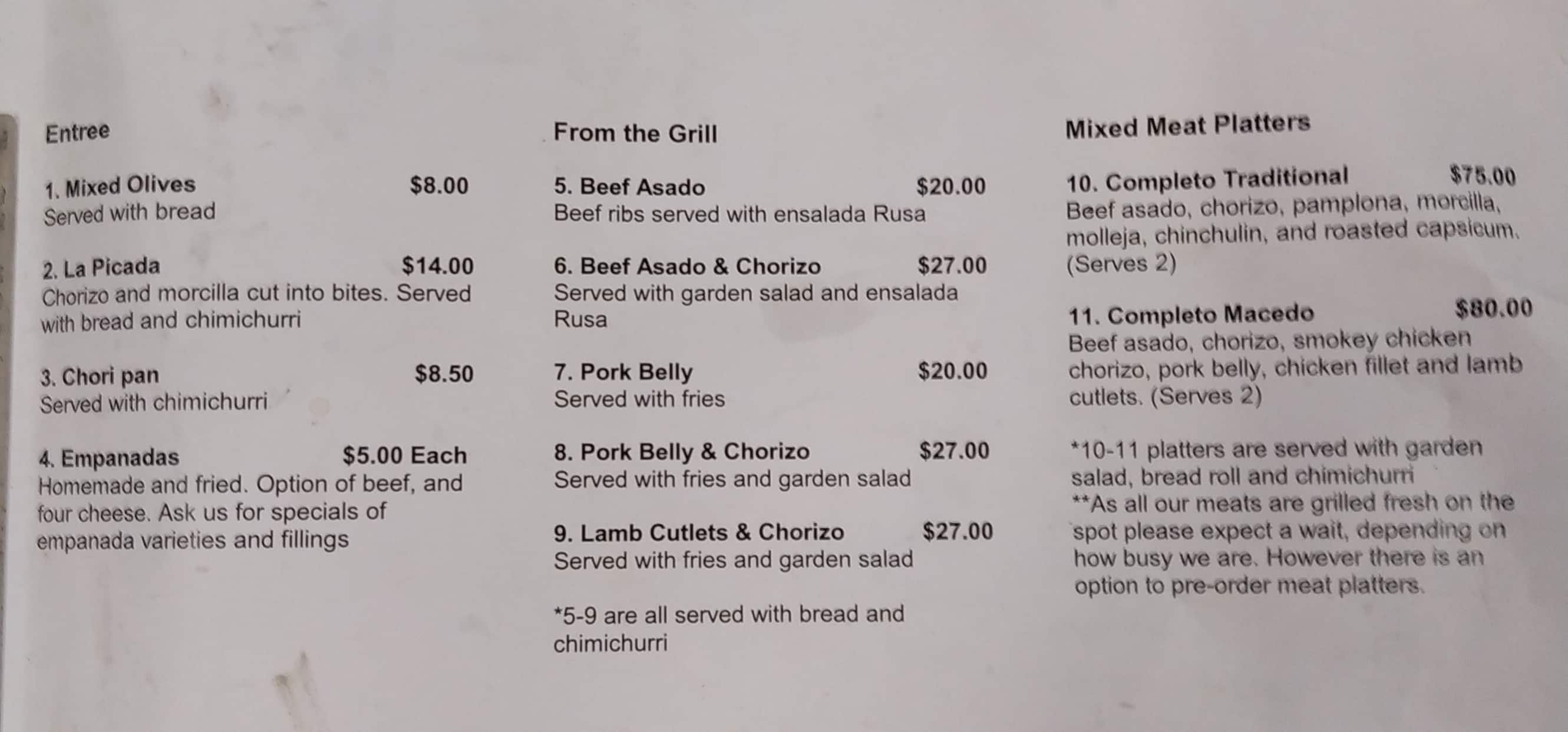 Menu at Mr Chorizo & Parilliada restaurant, Smithfield