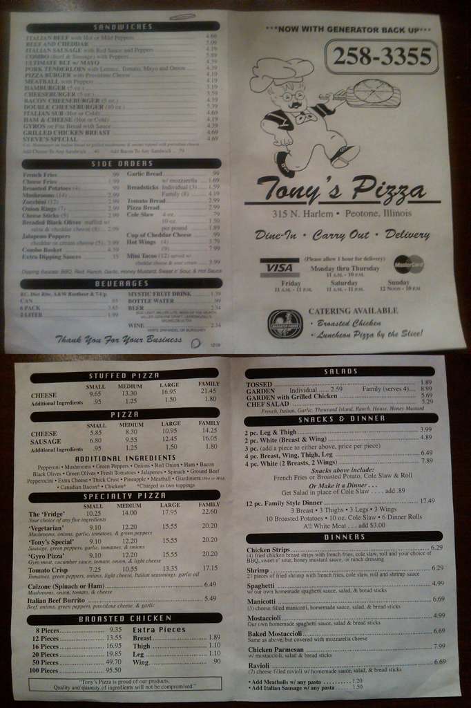 Menu at Tony's Pizza Of Peotone pizzeria, Peotone, 315 S Harlem Ave