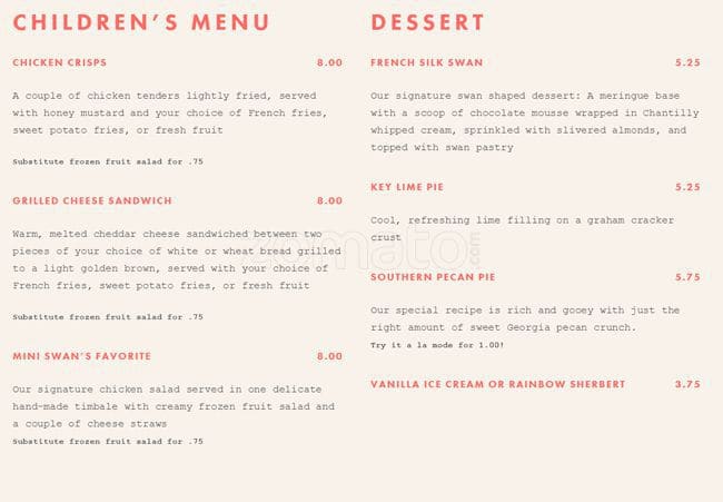 Menu at Swan Coach House restaurant, Atlanta