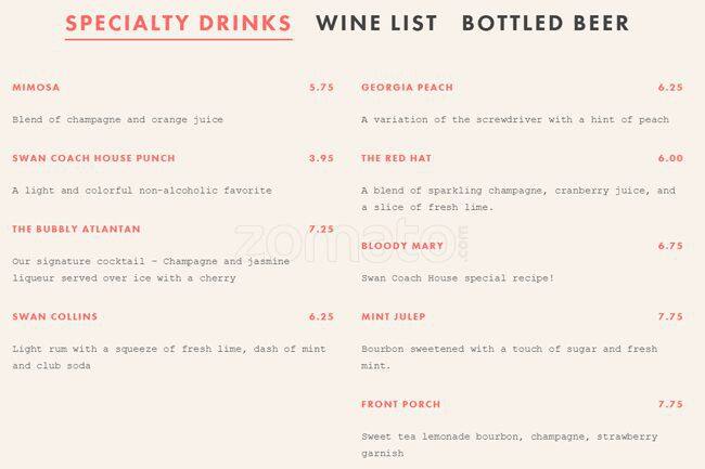 Menu at Swan Coach House restaurant, Atlanta