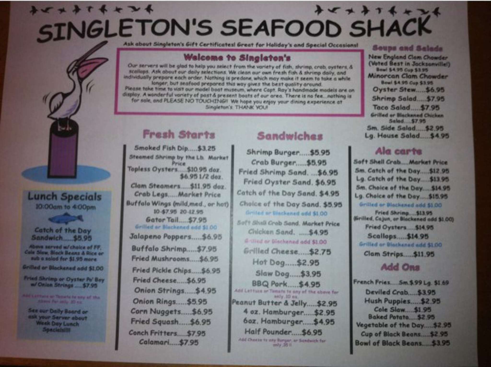 Carta del pub y bar Singleton's Seafood Shack, Jacksonville