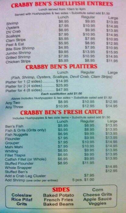 Menu at Crabby Ben's Grill & Market restaurant, Jacksonville