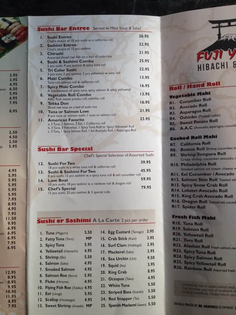 Menu at Fuji Yama restaurant, Slidell, Gause Blvd