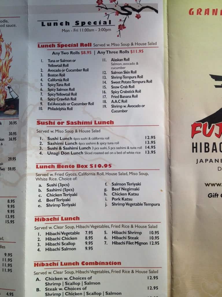 Menu at Fuji Yama restaurant, Slidell, Gause Blvd