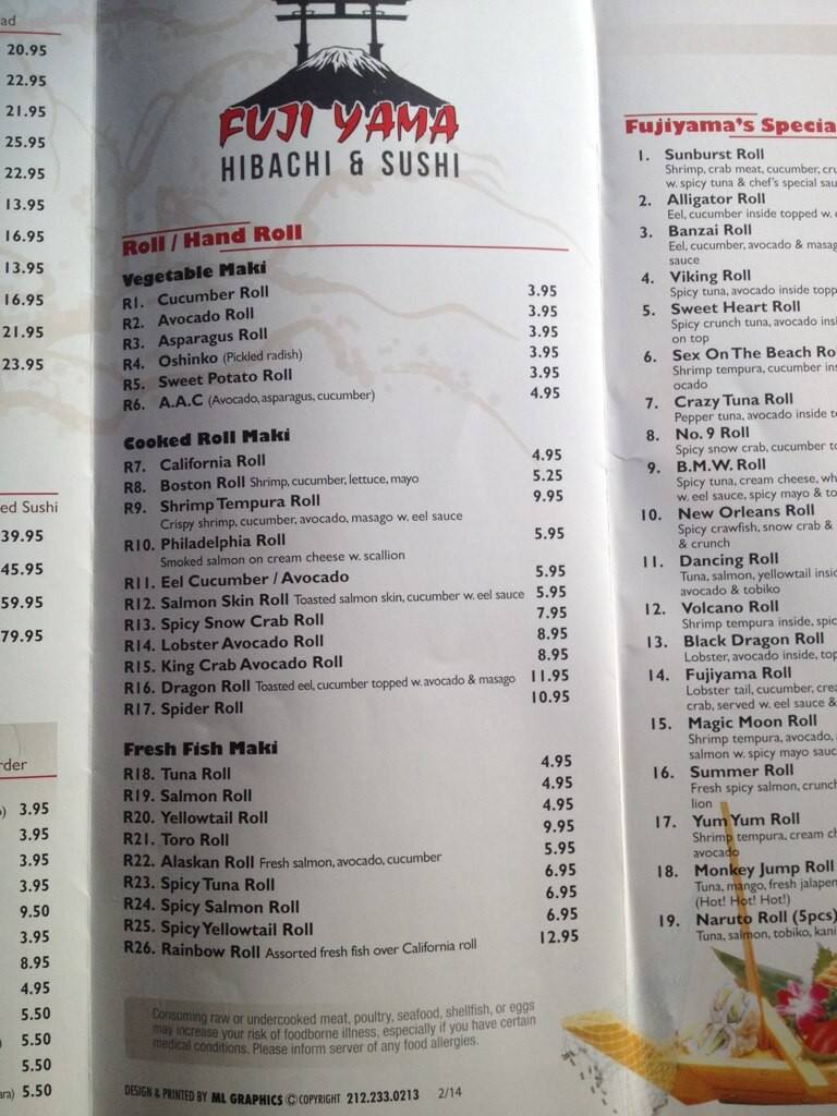 Menu at Fuji Yama restaurant, Slidell, Gause Blvd