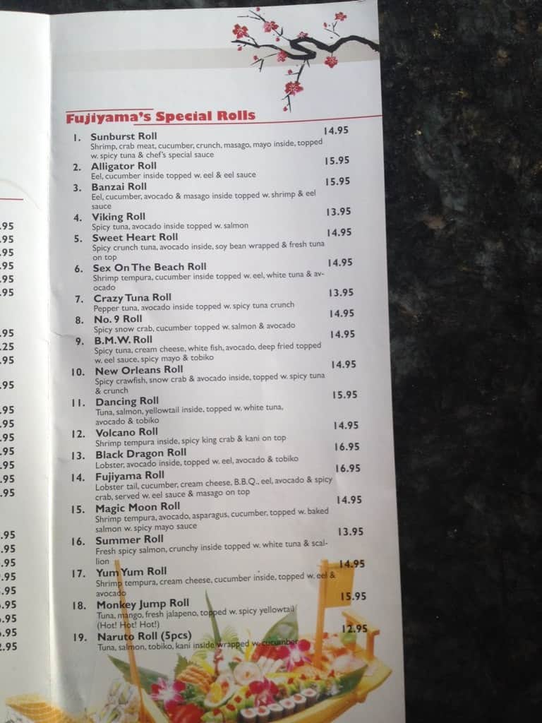 Menu at Fuji Yama restaurant, Slidell, Gause Blvd