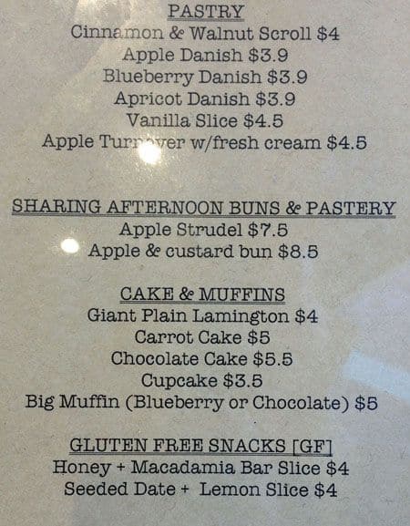 Menu at Bella Bakery, Gold Coast