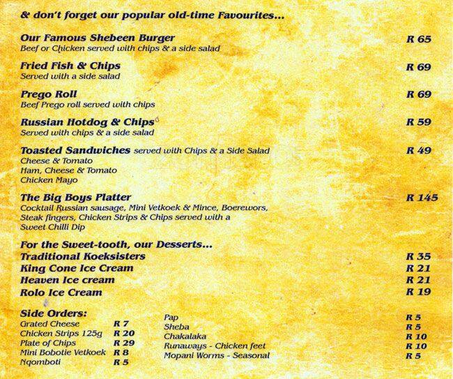 Menu at The Shebeen restaurant, Sun City