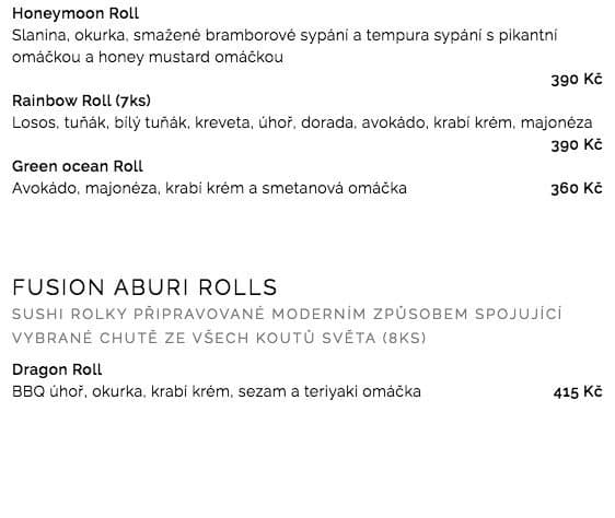 Menu at Mori restaurant, Brno, Česká 29