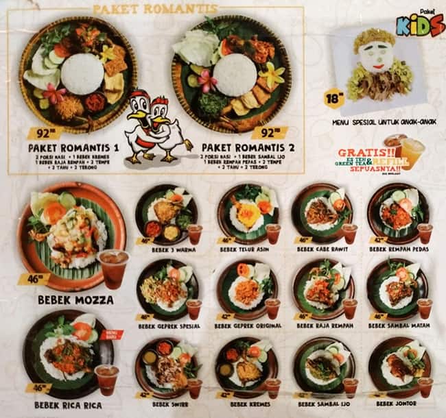 Menu at Bebek Semangat fast food, Jakarta, Jl. Jend Sudirman Kav. 50