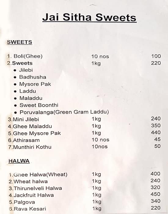Menu of Jai Sitha Sweets, Thycaud, Trivandrum
