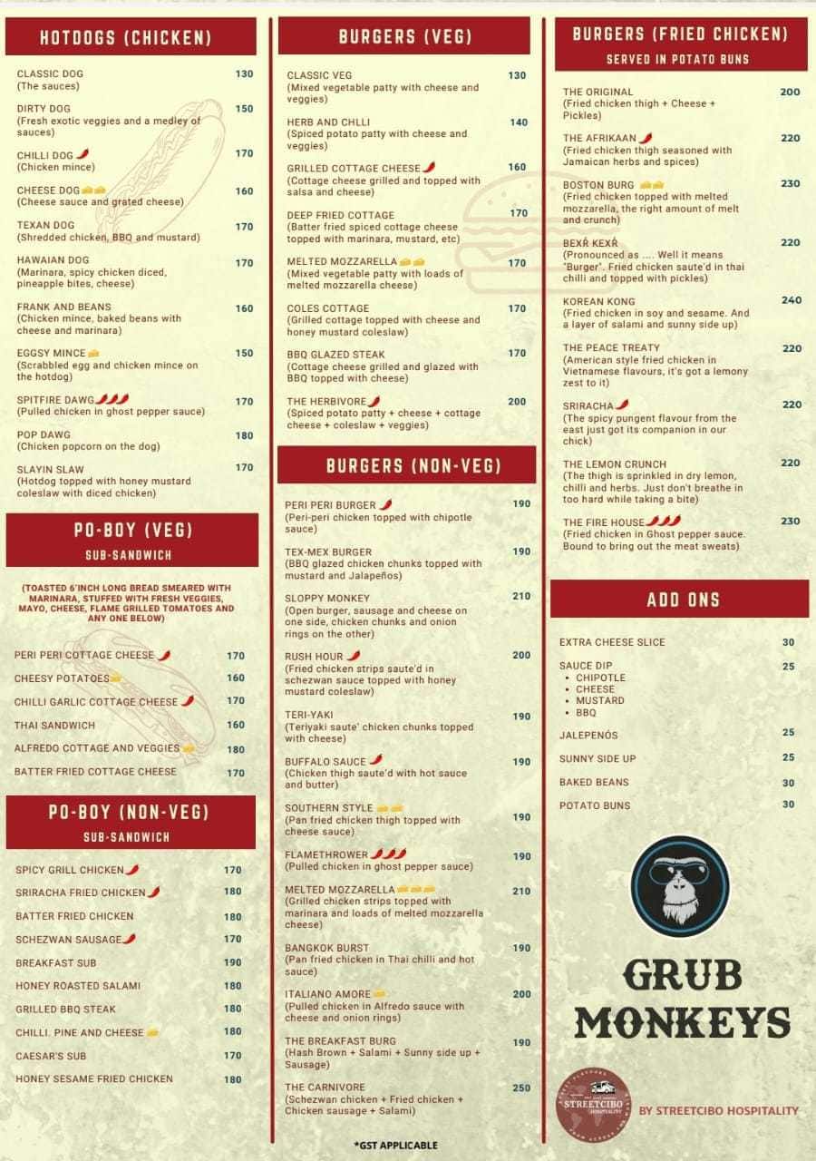 Menu of Grub Monkeys, Koramangala 7th Block, Bangalore