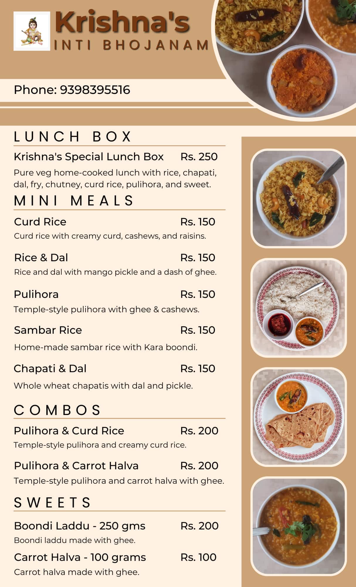 Menu of Krishna's Inti Bhojanam, Nizampet, Hyderabad