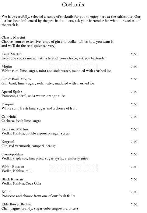 Menu at Salt House pub & bar, London