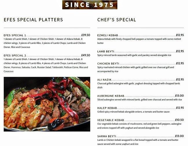 Menu at Efes restaurant, London, 1 Whitechapel Road