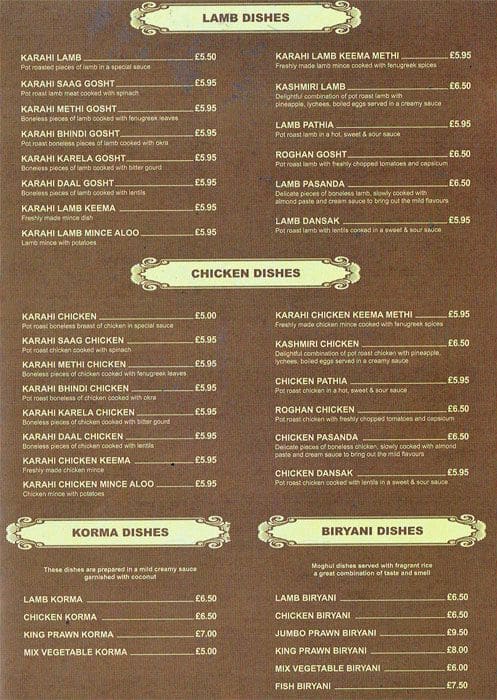 Menu at Lahore Restaurant, Watford