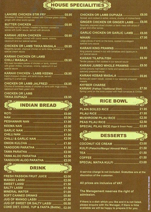 Menu at Lahore Restaurant, Watford