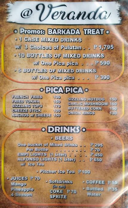 Menu at Veranda pub & bar, Manila, Roxas Blvd