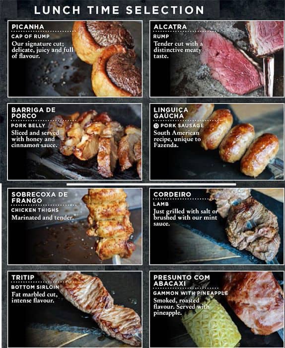 Menu at Fazenda steakhouse, Manchester