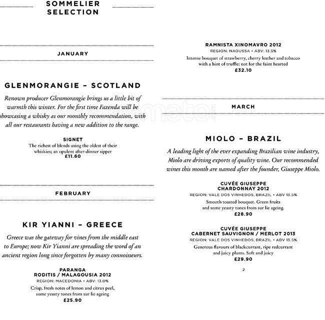 Menu at Fazenda steakhouse, Manchester