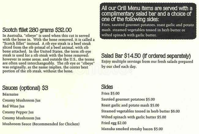 Menu at Seaside Grill cafe, Auckland, 268 Hibiscus Coast Highway