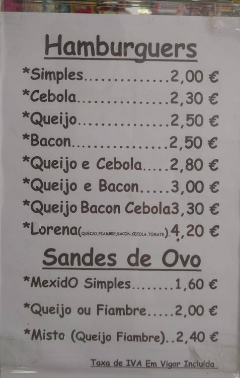 Menu at Pastelaria Lorena cafe, Lisbon