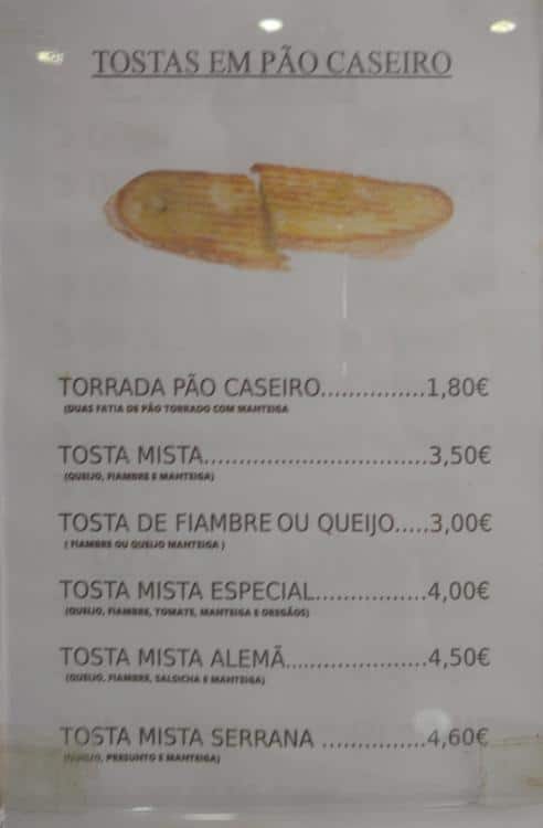 Menu at Pastelaria Lorena cafe, Lisbon