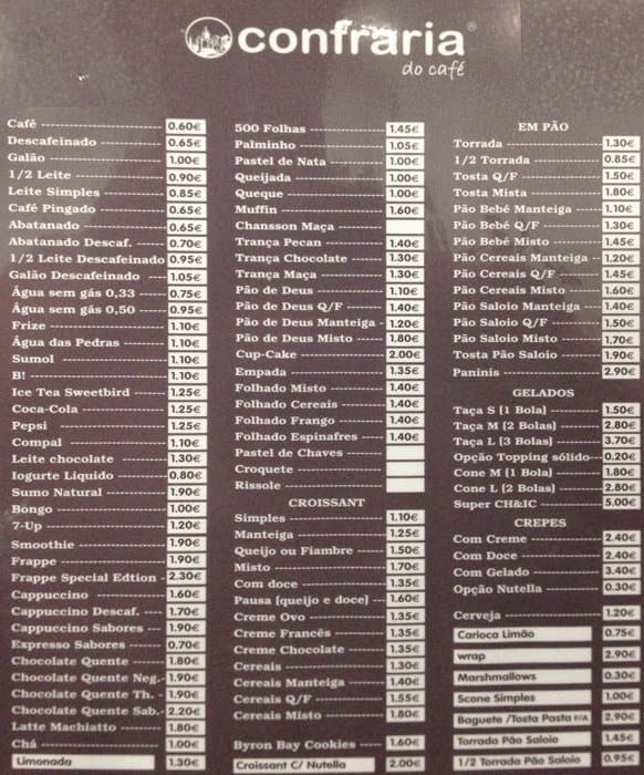 Menu at Confraria do Café, Lisbon, Av. de Roma